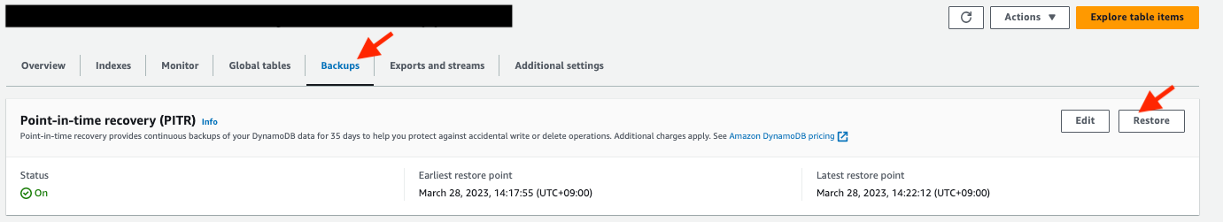 AWS-Amplify DynamoDB EnablePointInTimeRecovery