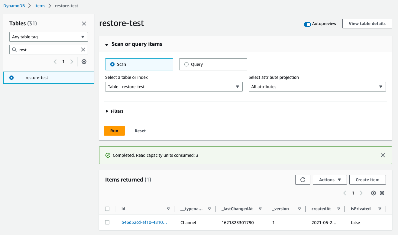AWS-Amplify DynamoDB EnablePointInTimeRecovery